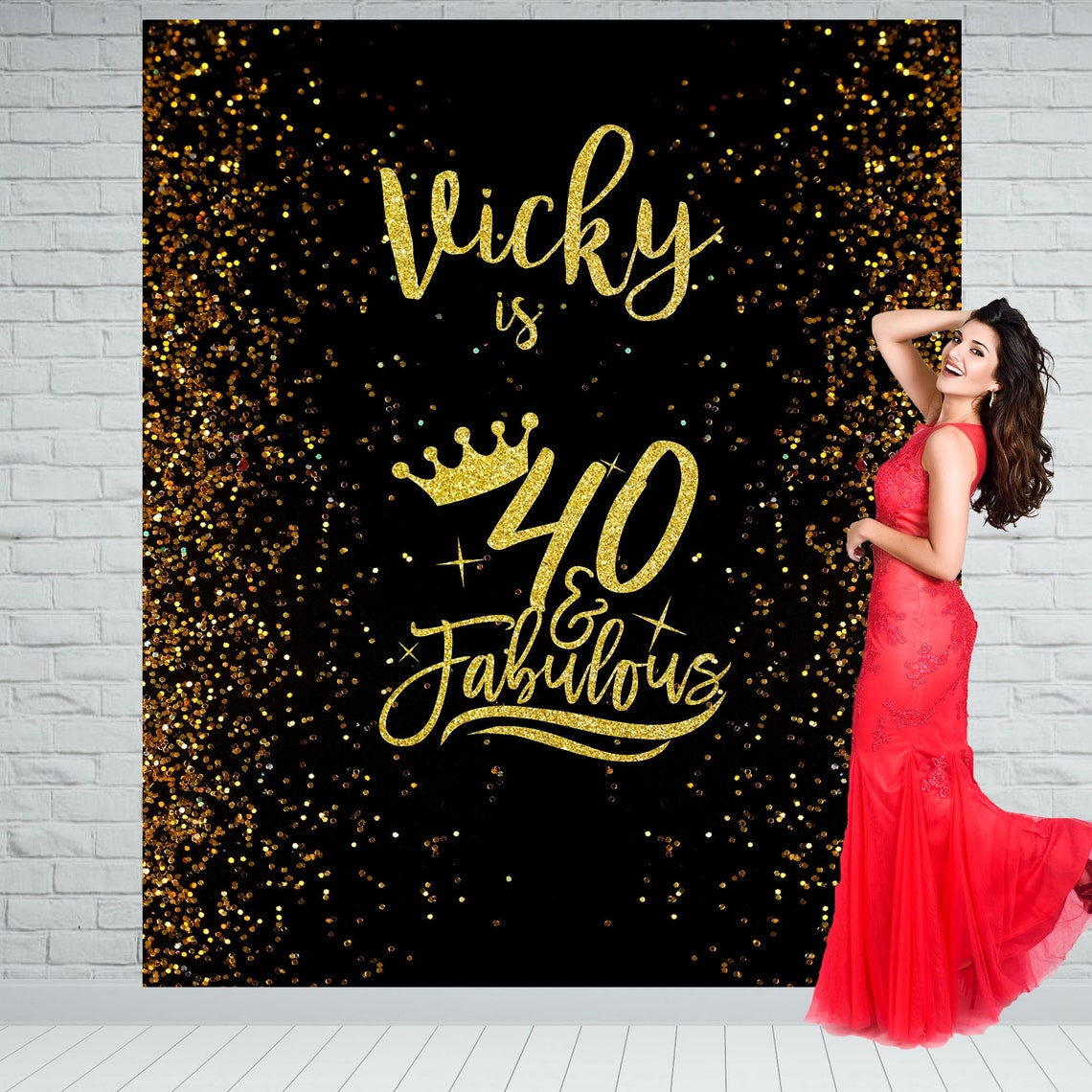 40th Birthday Backdrop Black Gold Women Birthday Banner Forty and ...