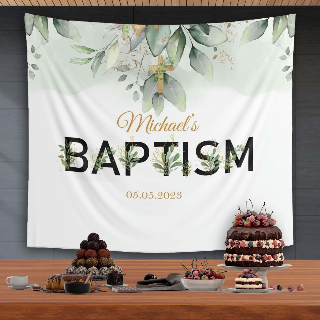 Baptism Backdrop, Greenery First Holy Communion Banner, Boy Baptism ...