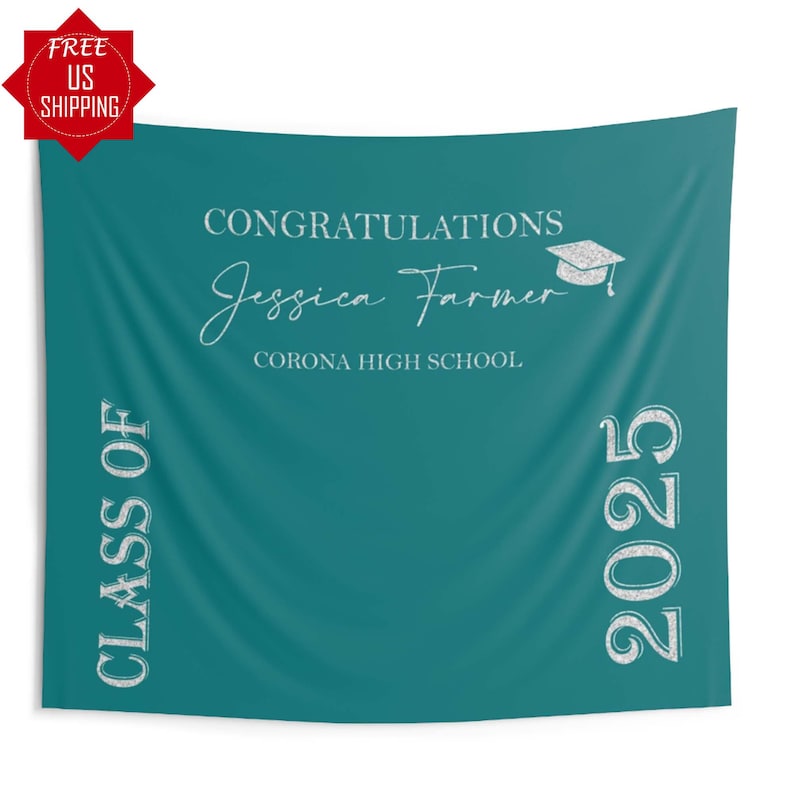 Teal Silver Graduation Decor Class of 2025 Backdrop Custom Grad Party ...