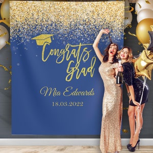 Royal Blue Gold Graduation Backdrop, Congrats Grad Backdrop, Grad ...