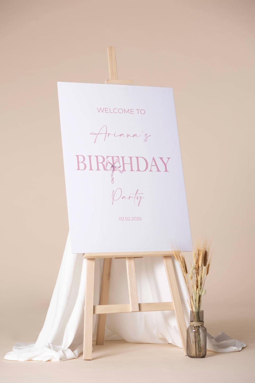 Printed Birthday Sign Blush Coquette Bow Welcome Poster Custom Pink ...