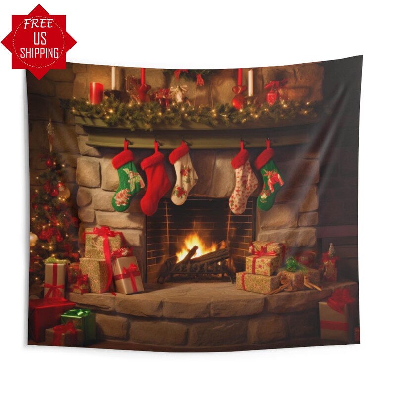 Christmas Fireplace Backdrop Xmas Tree Stockings Hanging Photography ...