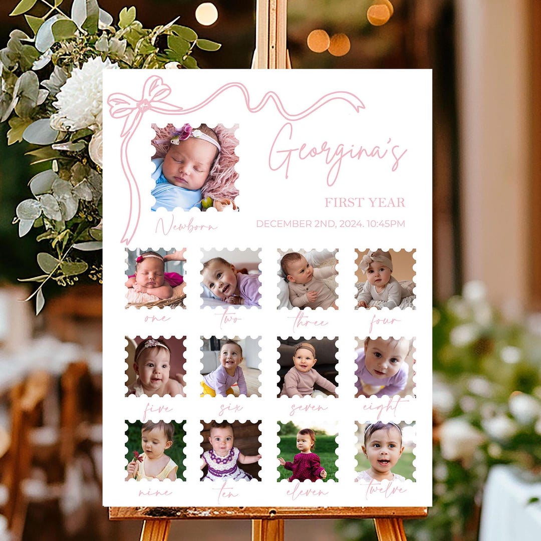 Printed Girl First Birthday Milestone Sign Pink Bow 1st Birthday Photo ...