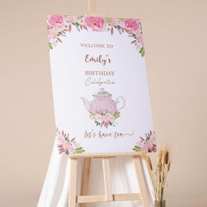 Printed Tea Pot Birthday Party Sign Floral Welcome Poster Custom ...