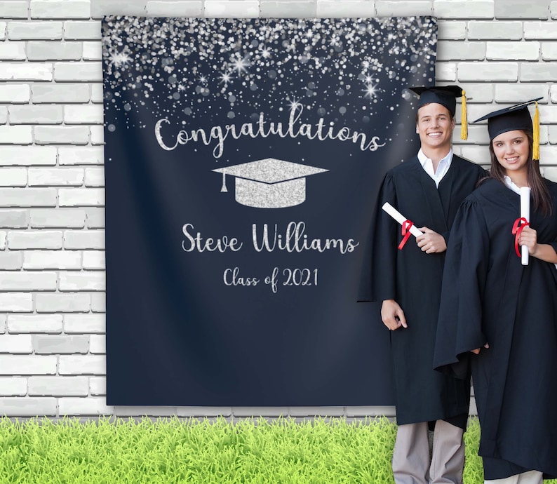 Silver Glitter and Navy Graduation Photo Backdrop /graduation | Etsy