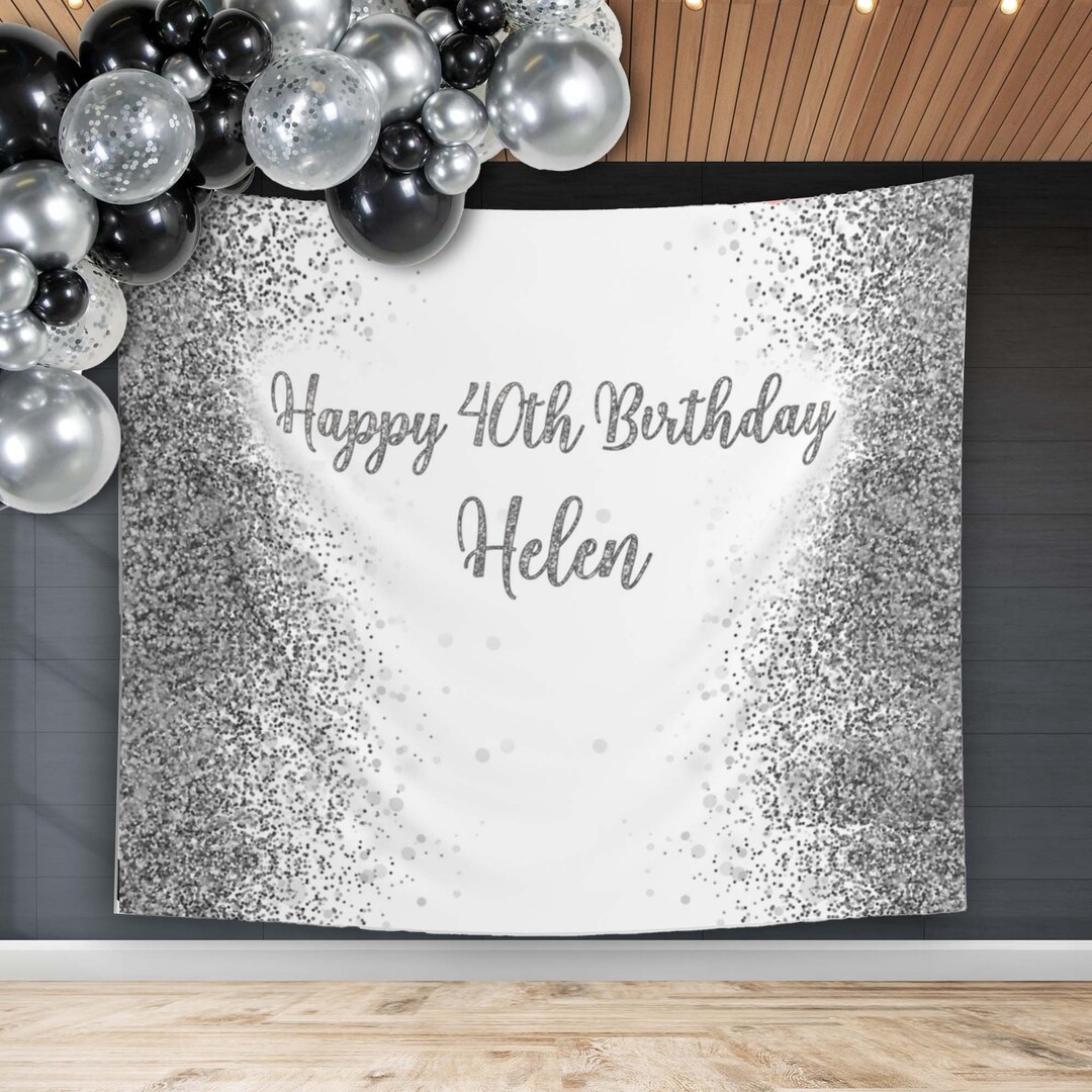 Silver Glitter Backdrop, Custom Birthday Party Decor, Personalized ...