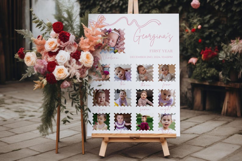 First Birthday Photo Welcome Sign Printed Milestone Foamboard Pink Bow ...