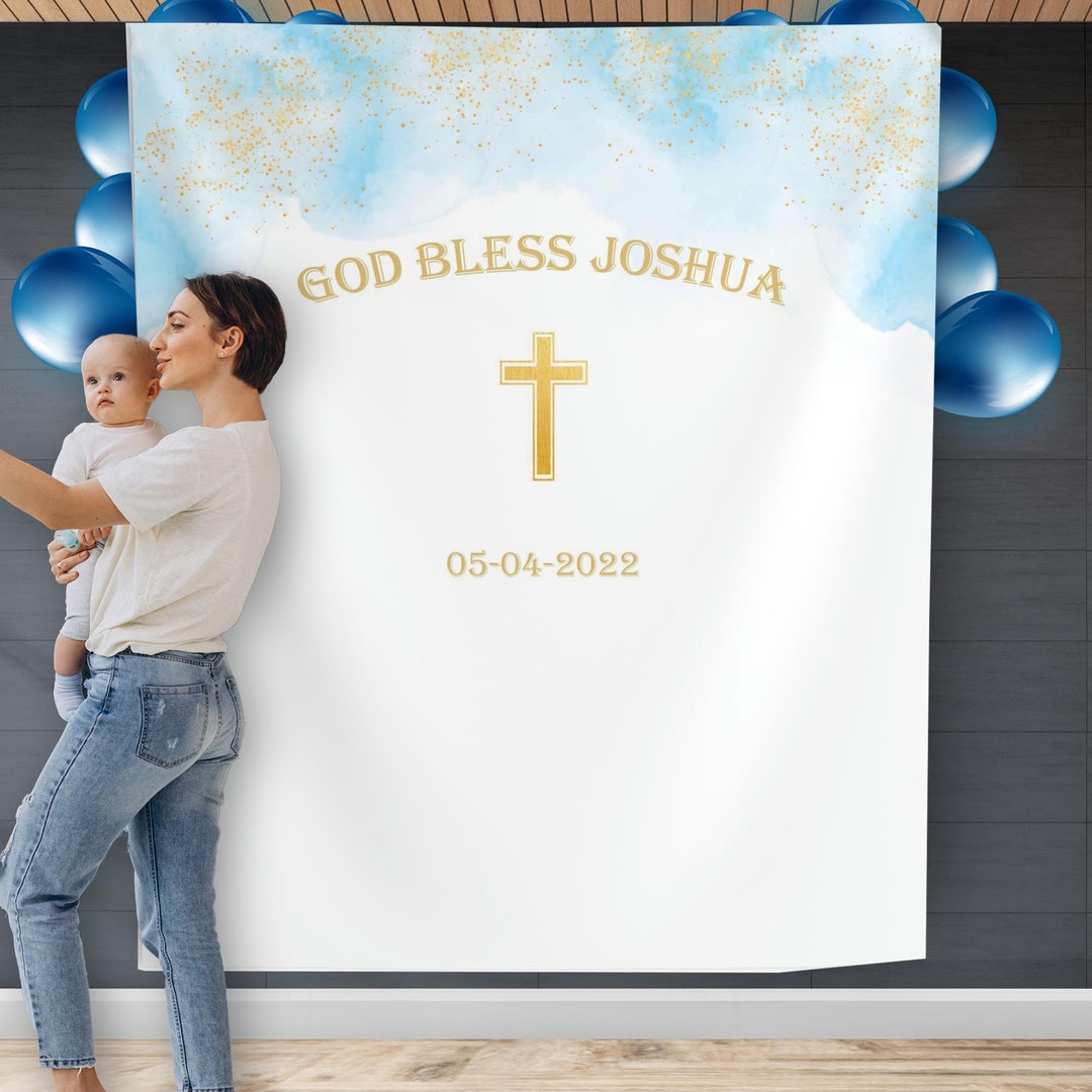 Christening Backdrop Boy, Blue Baptism Backdrop, Blue and Gold, Light ...