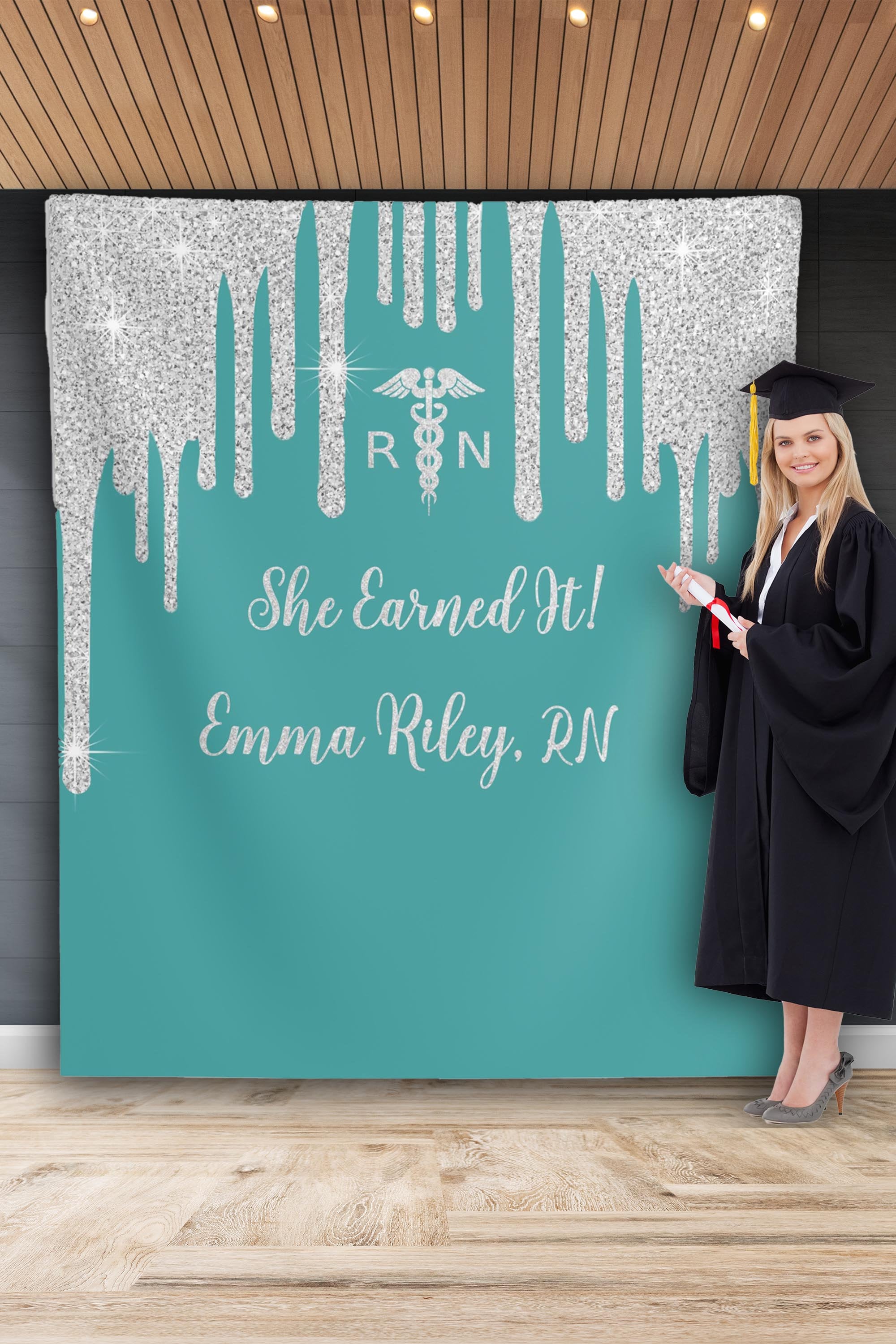 Teal RN Graduation Backdrop Nursing Medical School Silver Glitter ...