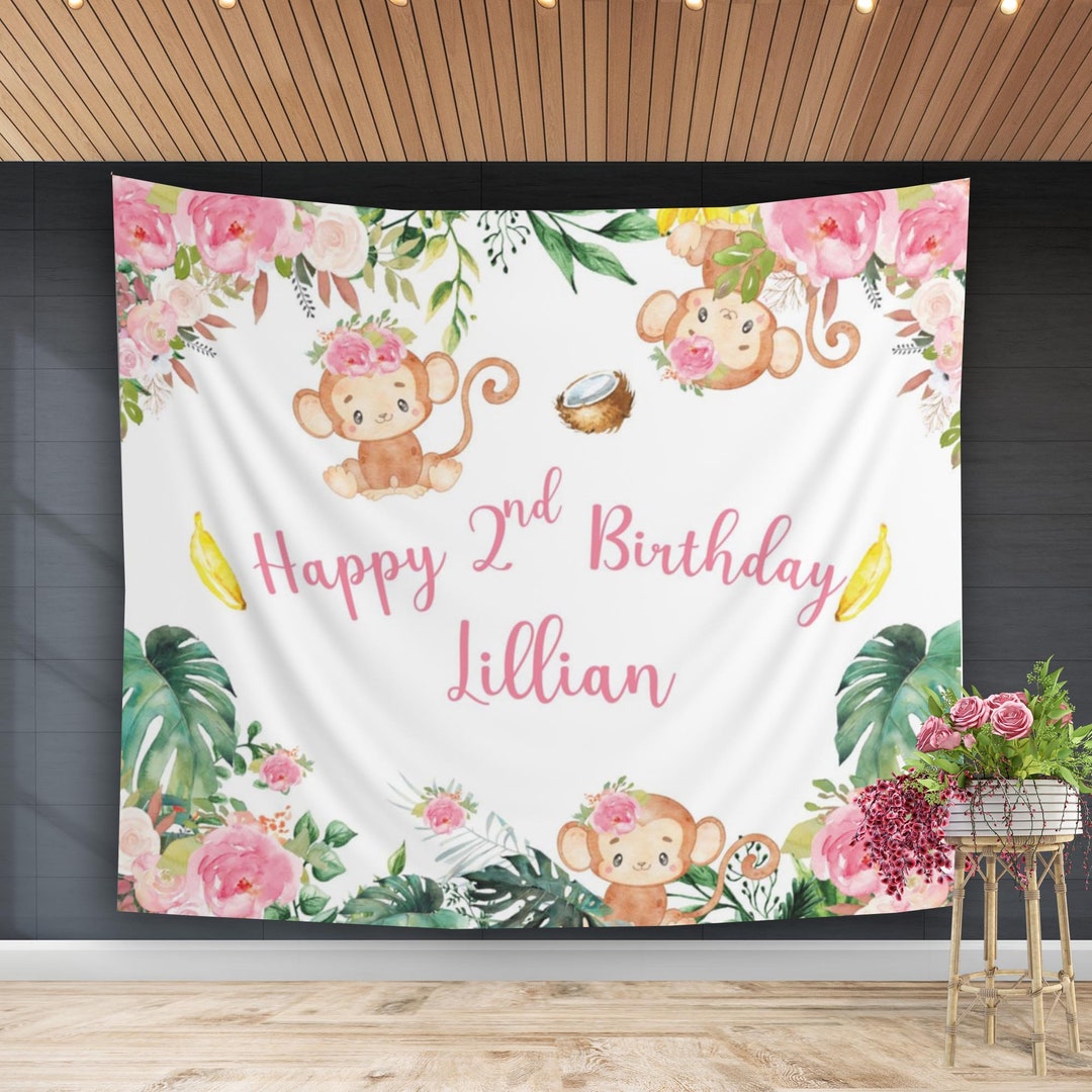 Pink Floral Monkey Jungle Safari Birthday Backdrop Girl Birthday Banner ...