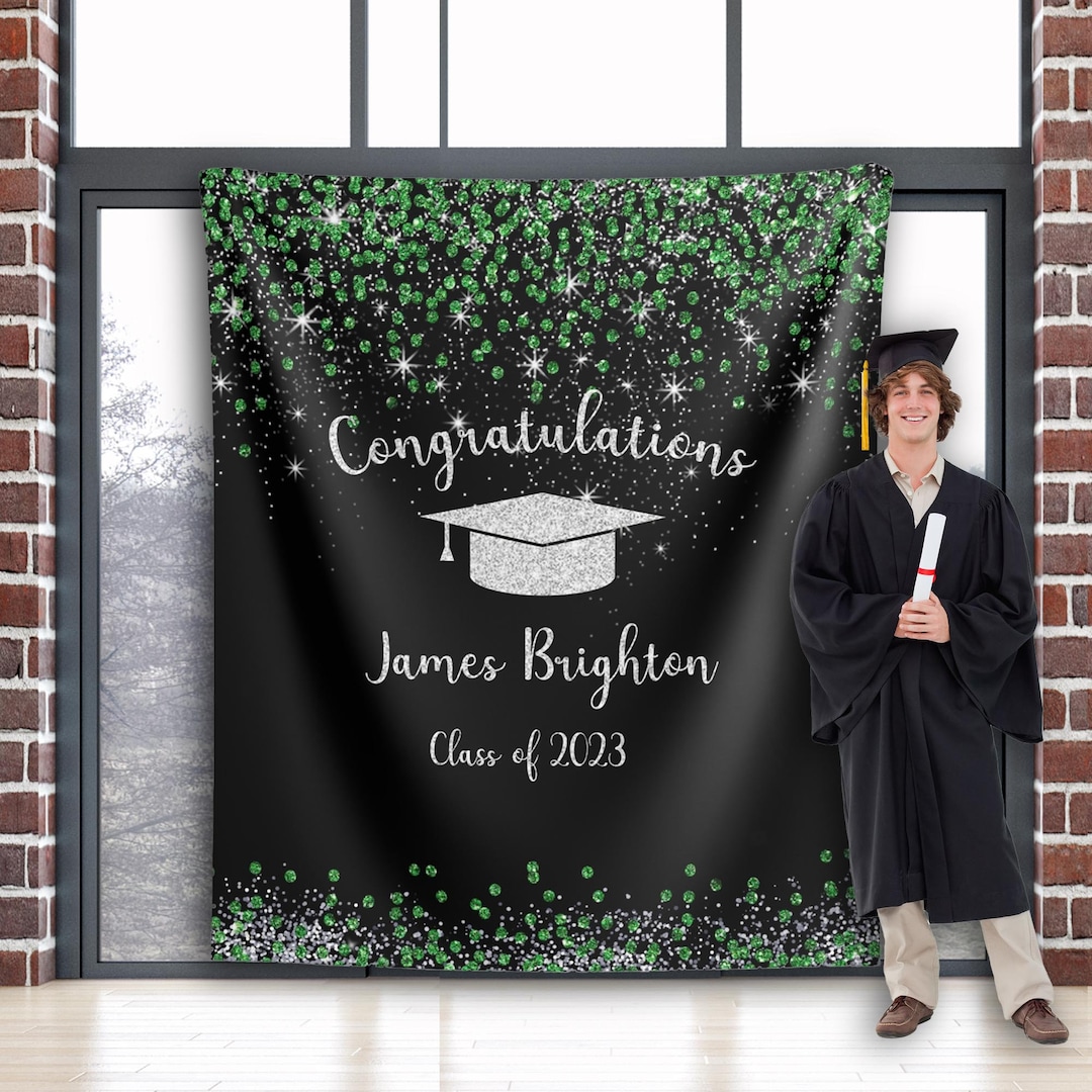 Green Silver 2023 Graduation Backdrop, Grad Party Decoration, Silver ...