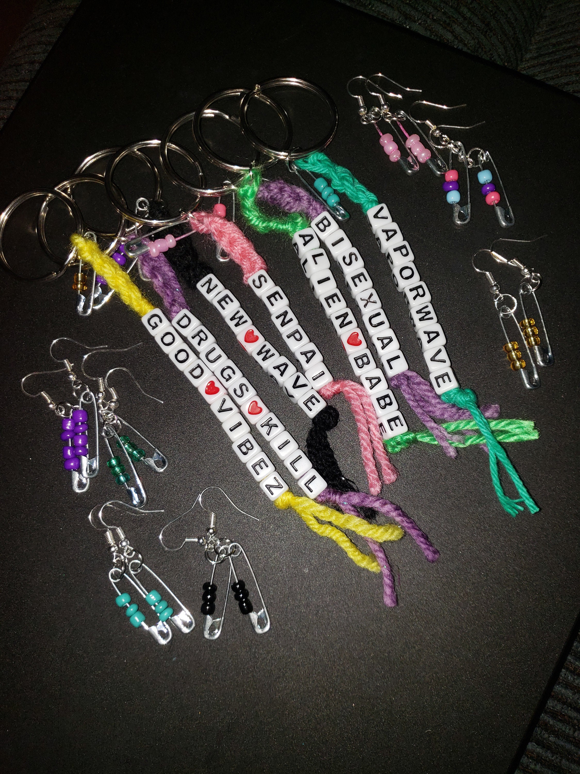 Various Letter Beaded Keychains and Mini Safety Pin Earring | Etsy