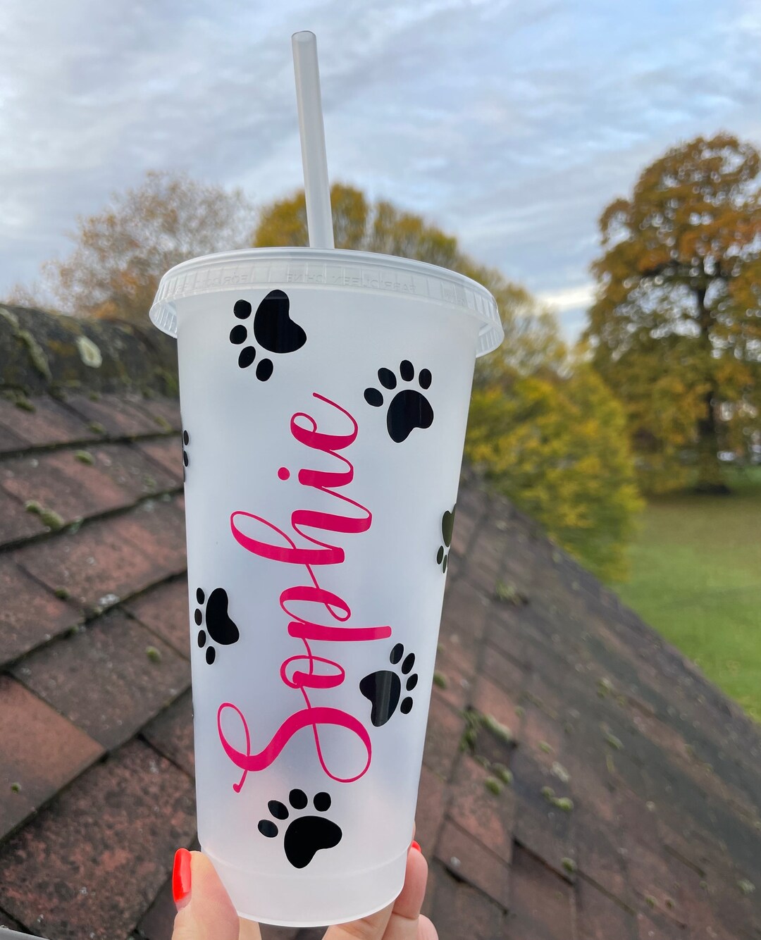 Personalised Reusable Cup / Paw Print Design / Plastic Cold Cup With ...