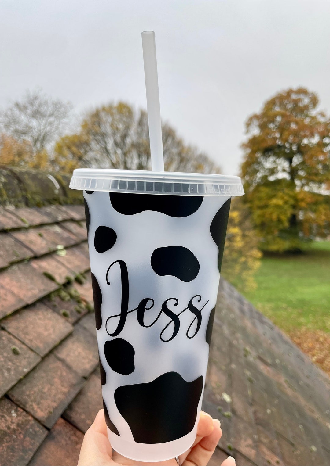 Personalised Black Cow Print Reusable Cup / Name / Plastic Cold Cup ...