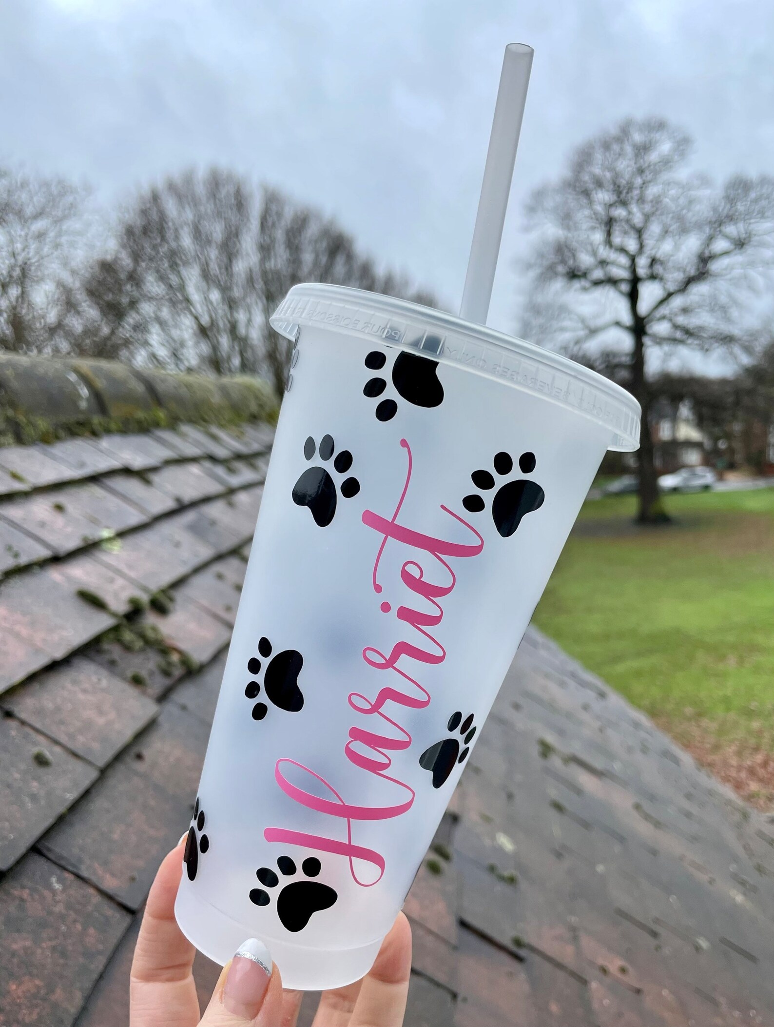 Personalised Reusable Cup / Paw Print Design / Plastic Cold Cup With ...