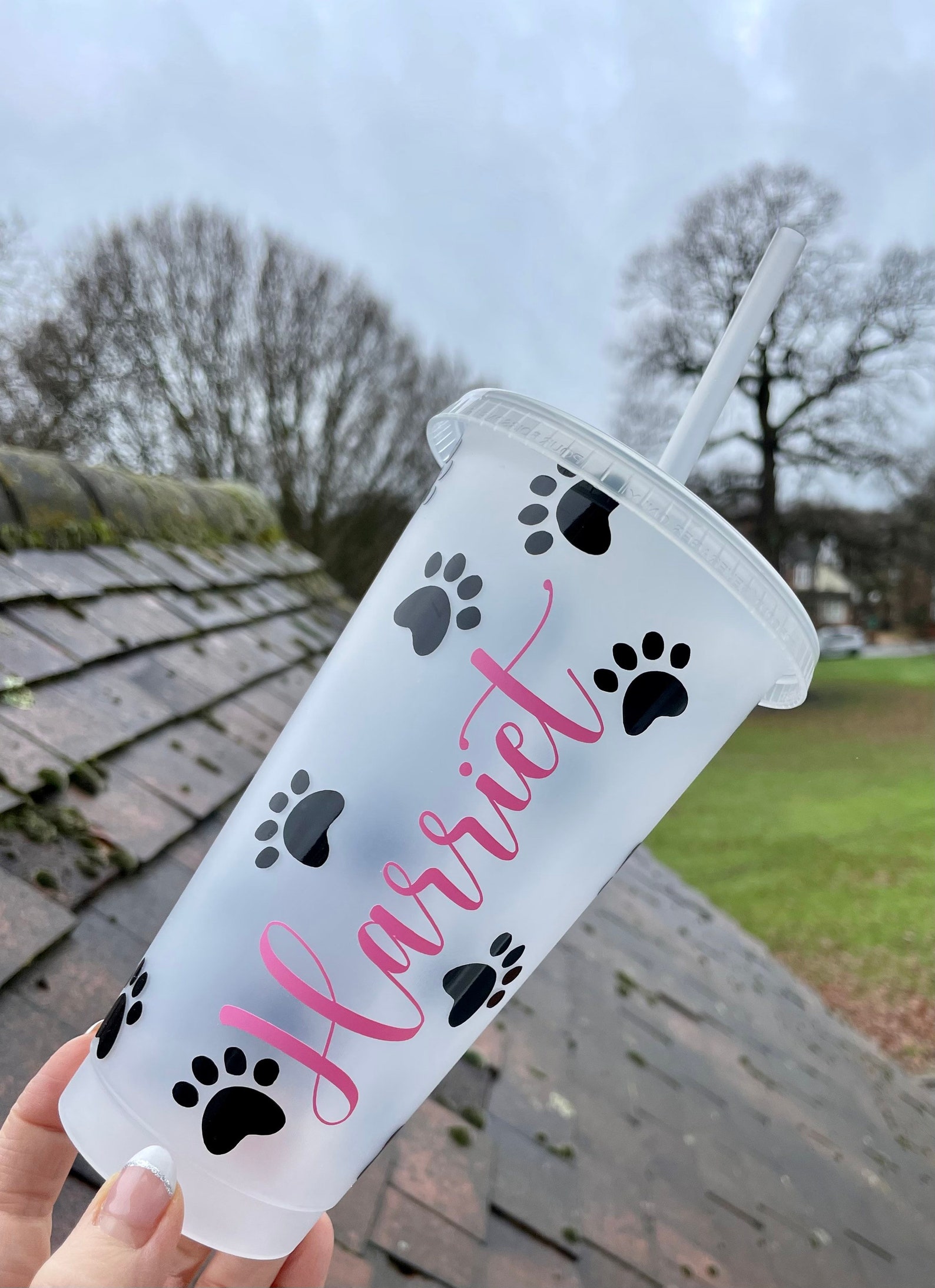 Personalised Reusable Cup / Paw Print Design / Plastic Cold Cup With ...
