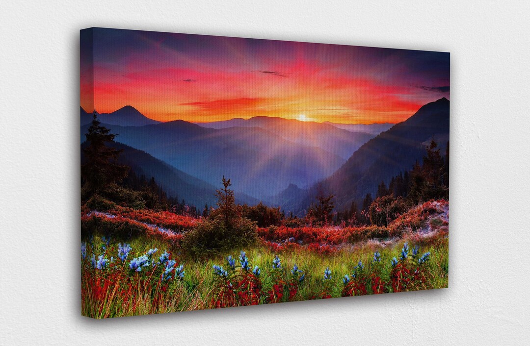 Wide Sunset Mountain Canvas Design | Poster Print Decor for Home ...