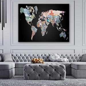 Money World Map Canvas Wall Art Design | Poster Print Decor for Home ...