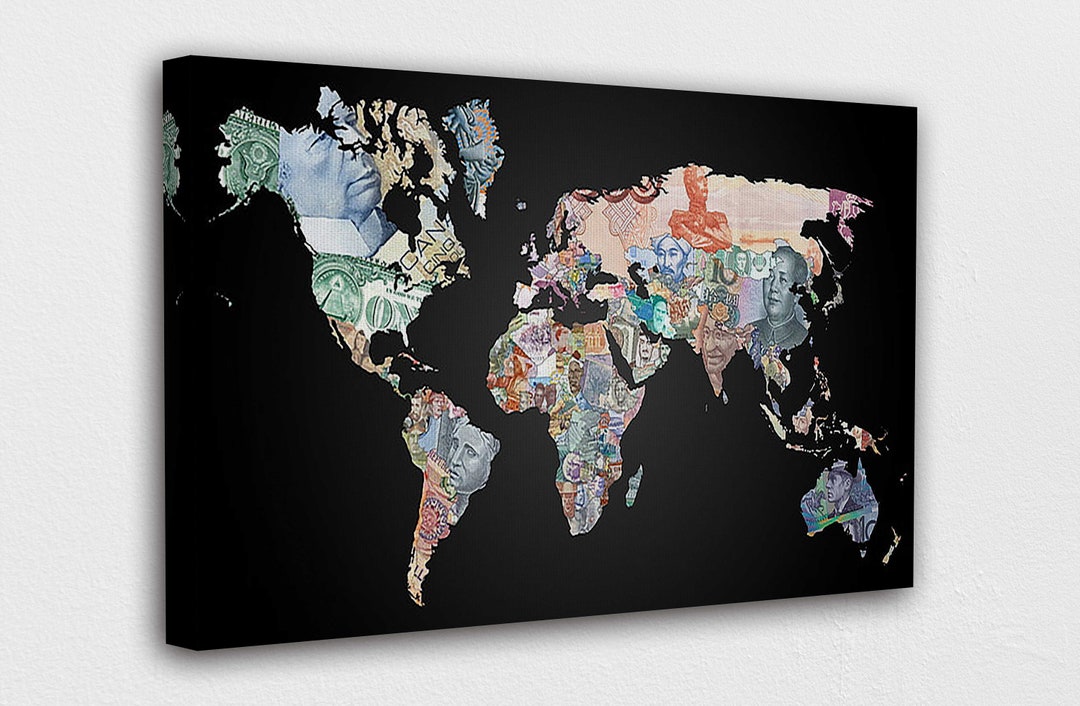 Money World Map Canvas Wall Art Design | Poster Print Decor for Home ...