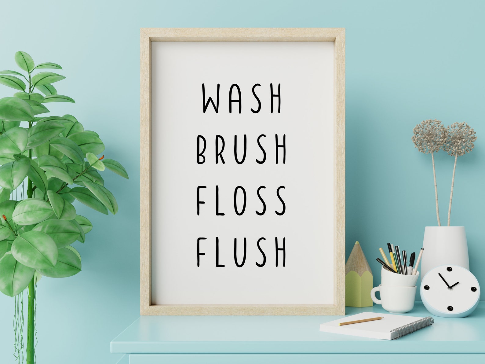 Wash Brush Floss Flush Bathroom Printable Art, Bathroom Digital Art ...