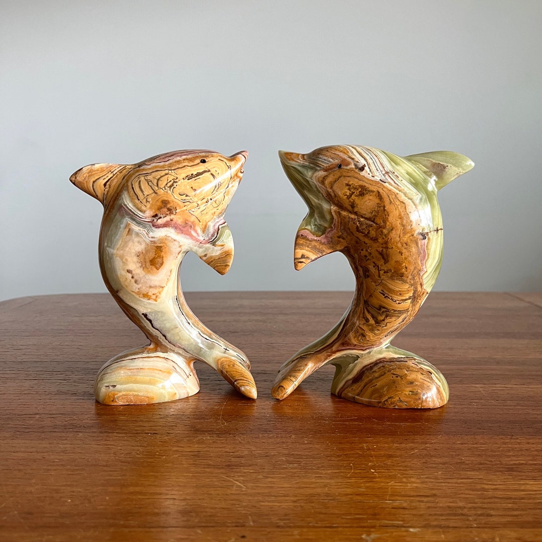 Vintage Onyx Dolphin Bookends, Carved Stone Animal, Sea Creature ...