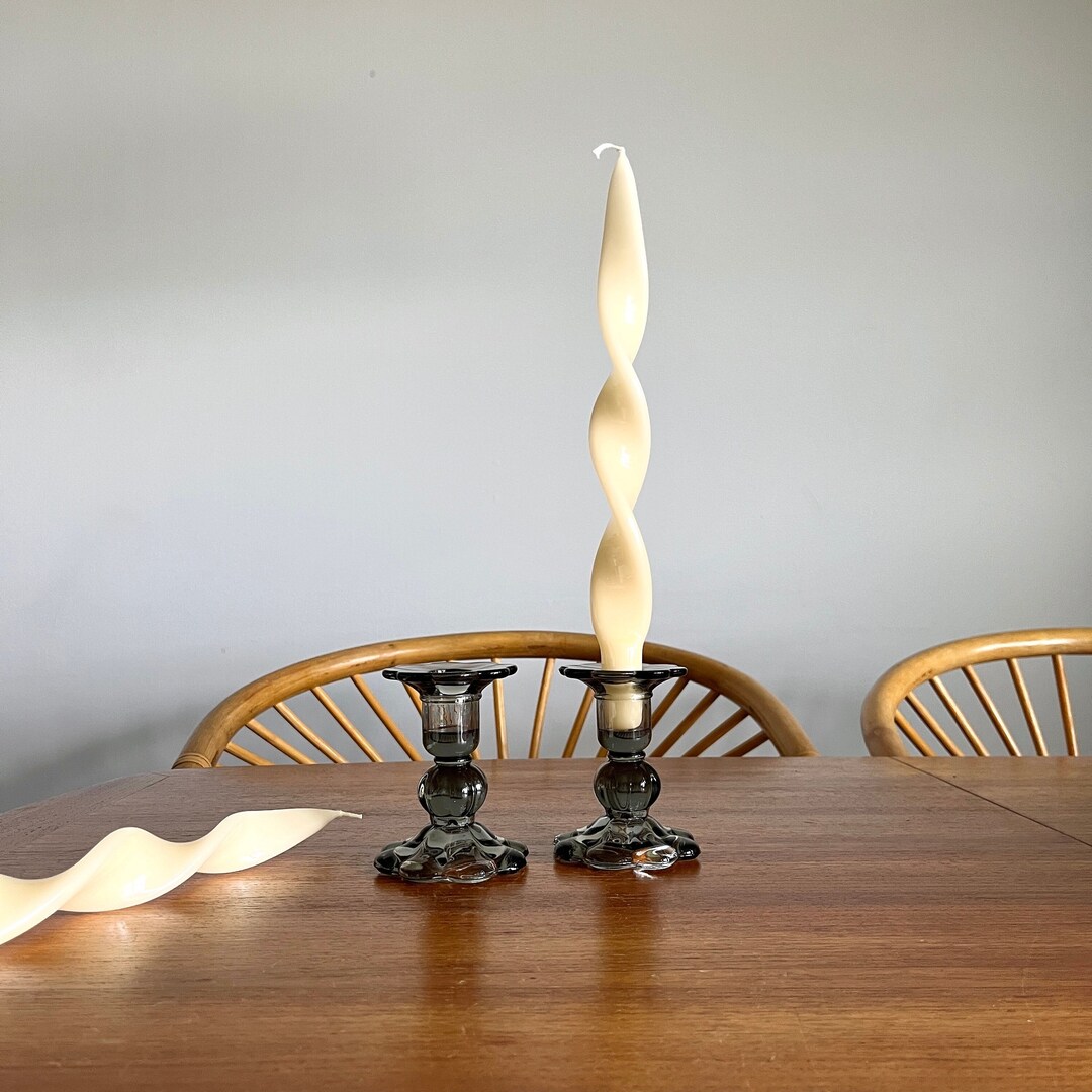 Vintage Daisy Candlesticks Set of 2, Glass Flower Candle Holder, Smoked ...