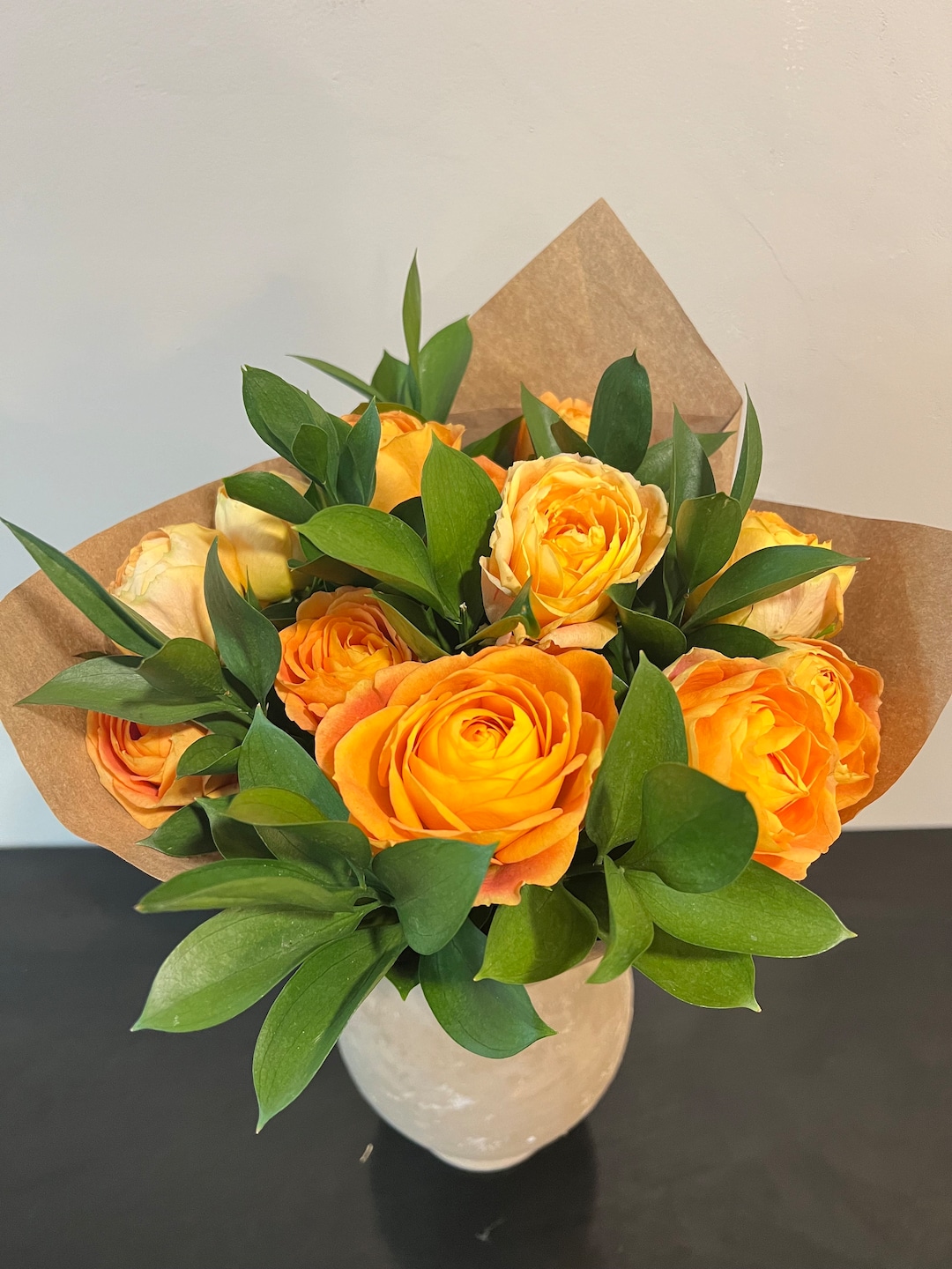 Fresh Real Flower Bouquet Yellow Garden Roses, and Ruscus Birthday Gift ...