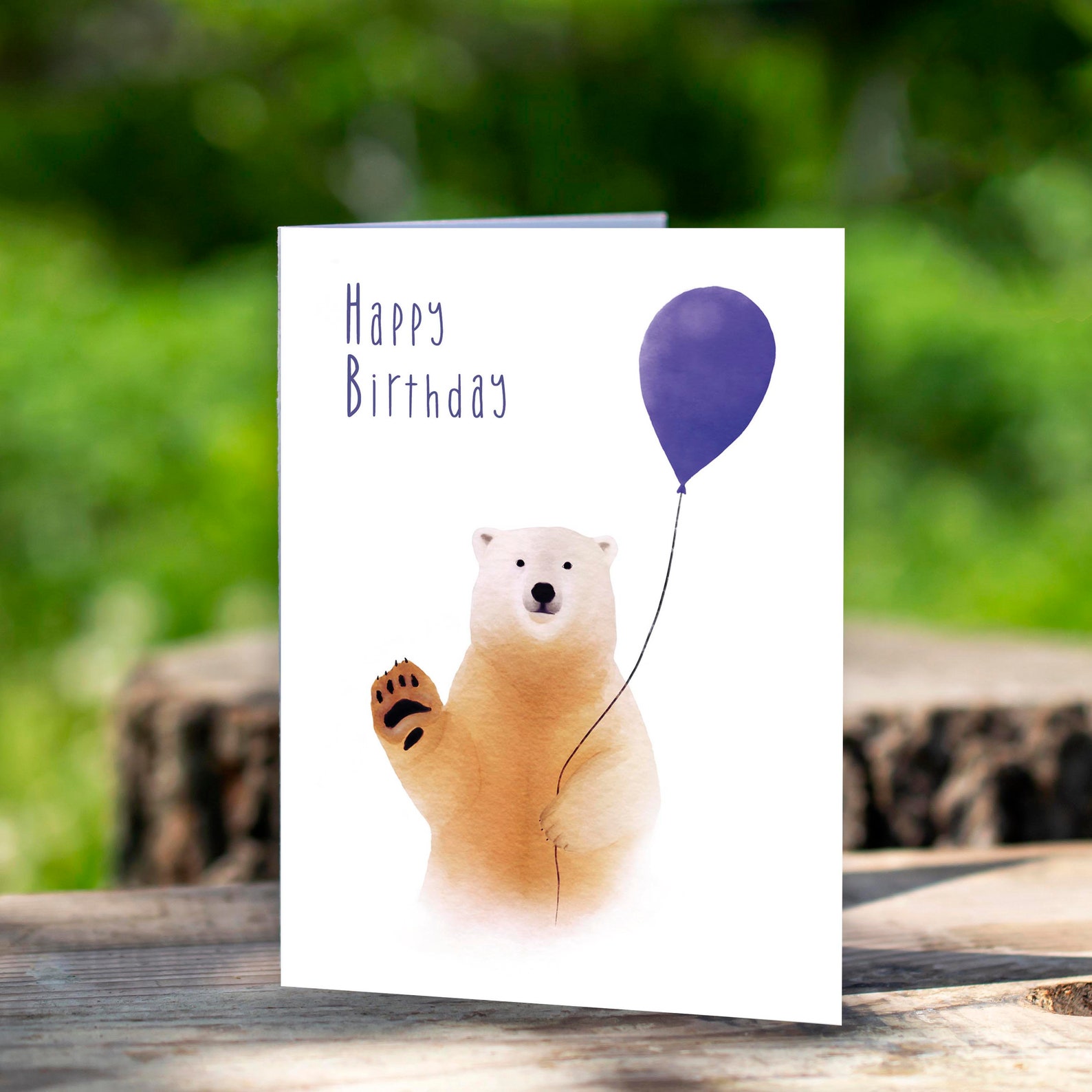 Polar Bear Birthday Card, Watercolor Polar Bear, Bear With Balloon Card ...