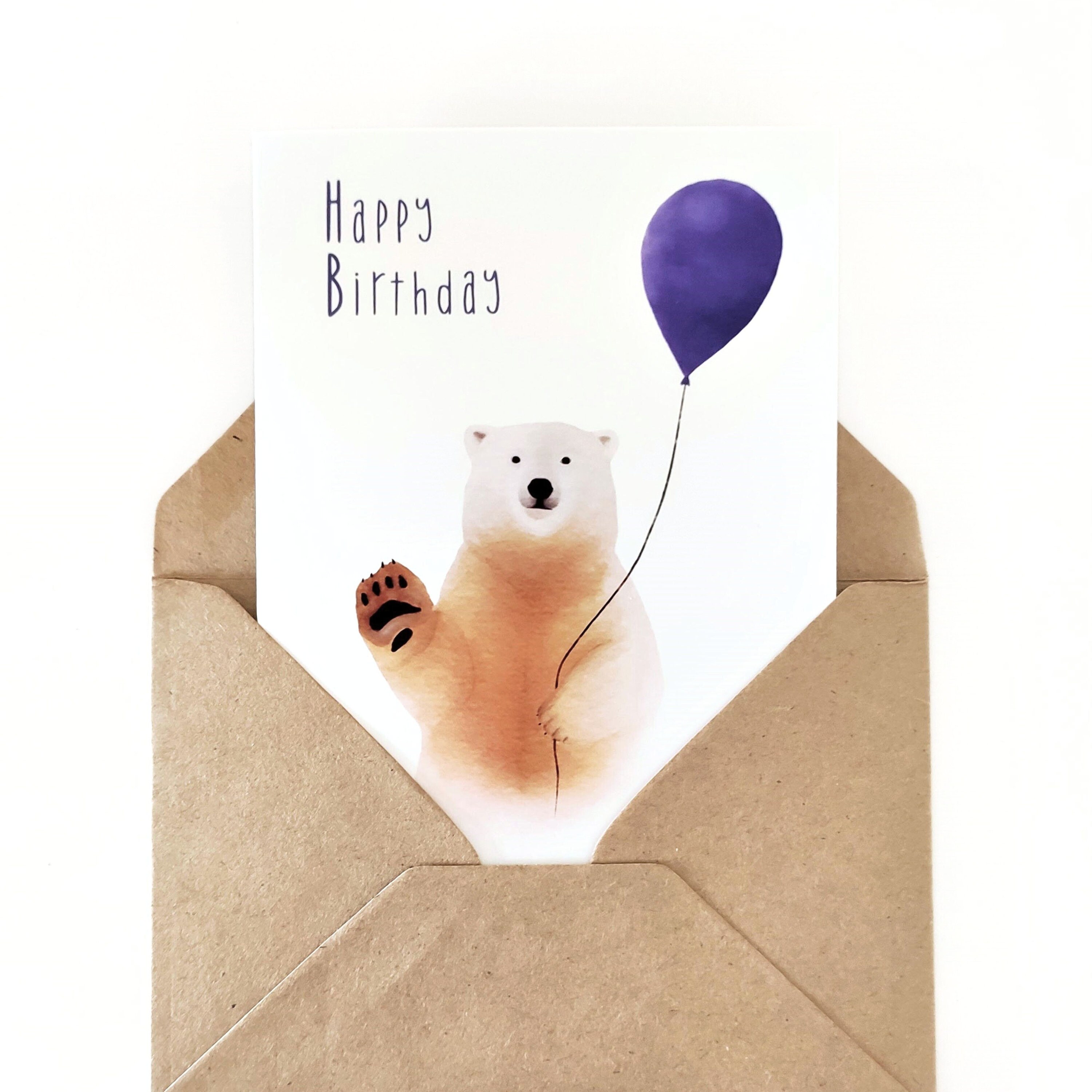 Polar Bear Birthday Card, Watercolor Polar Bear, Bear With Balloon Card ...