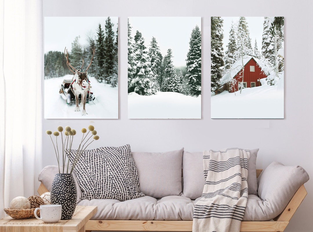 Winter 3 Piece Print Canvas Winter Decor Reindeer Poster Snowy Forest ...