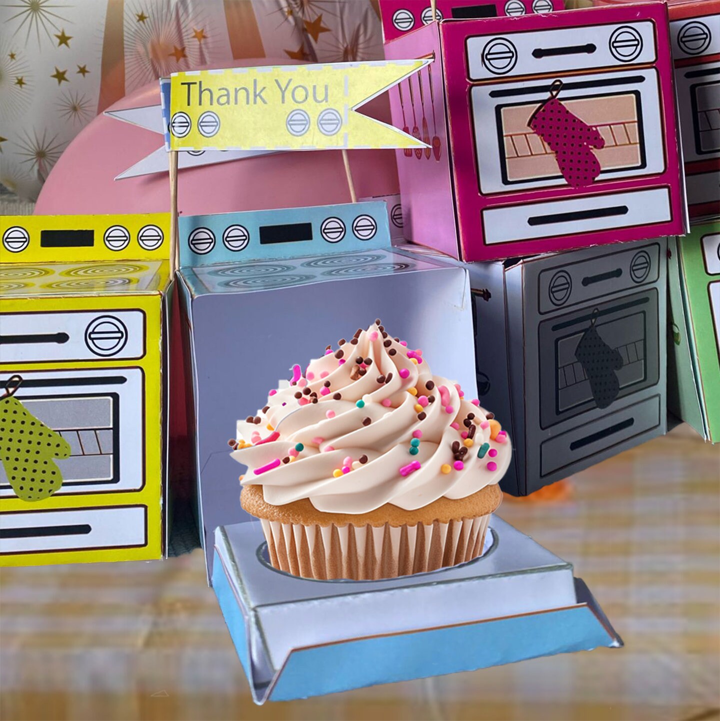 Retro Printable Oven Cupcake Box Bun in the Oven Box Shower Baking ...
