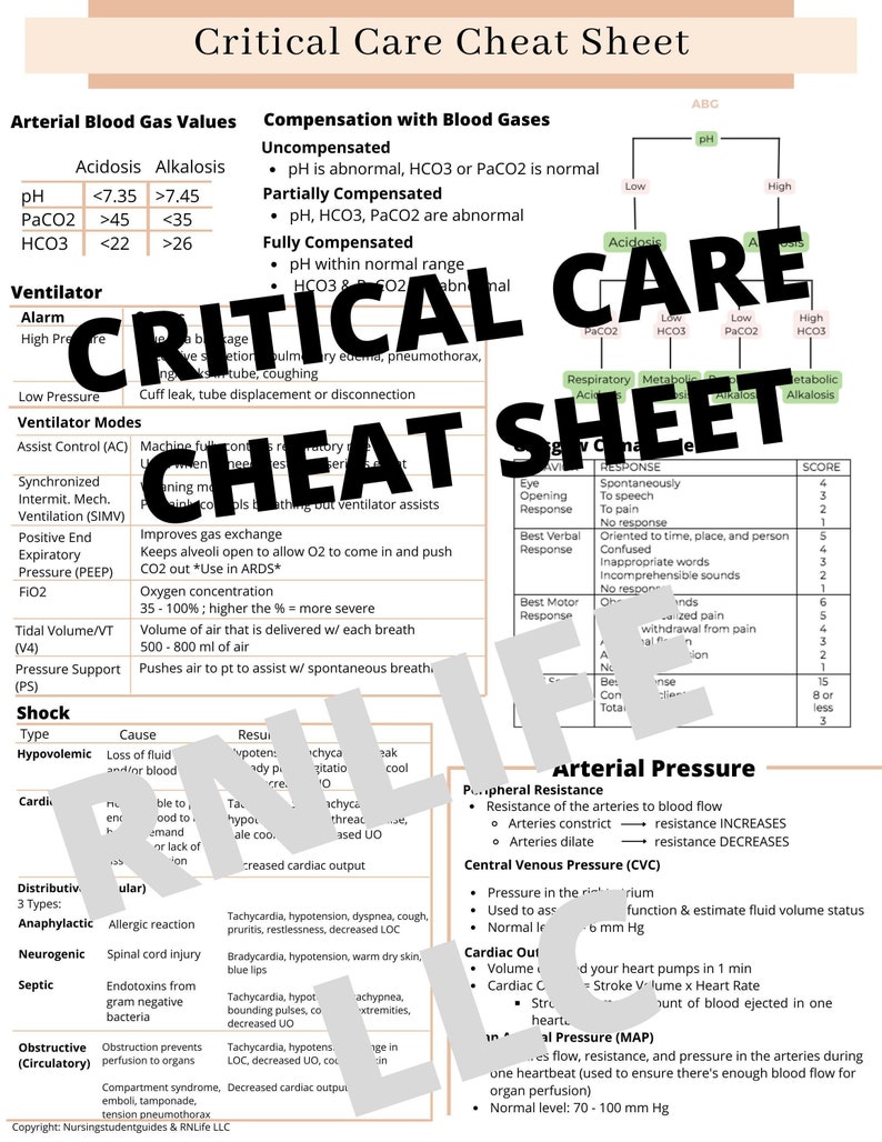 Critical Care Cheat Sheet Nursing Notes Nursing School - Etsy Australia