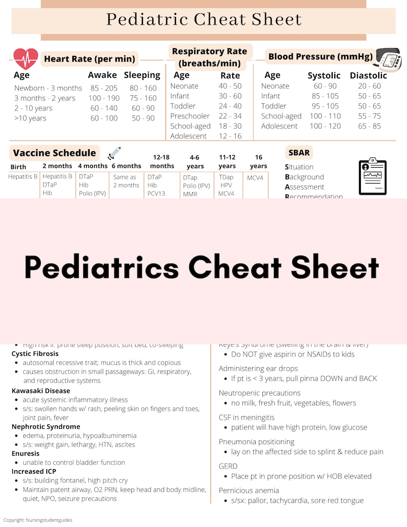 Pediatric Cheat Sheet | Nursing School | Clinical | Study Guide - Etsy