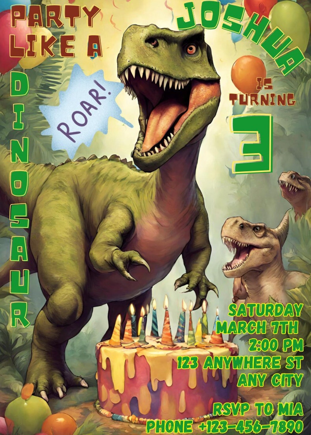 Dinosaur Birthday Card Template - Etsy