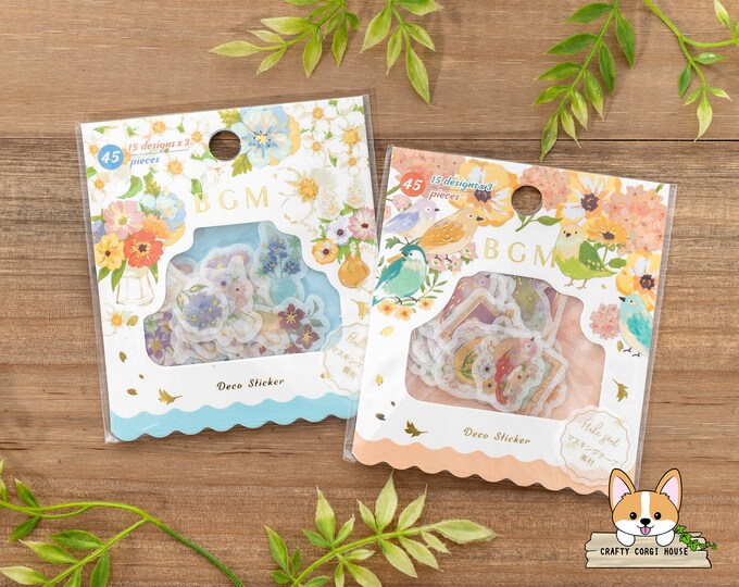 45 Pc | BGM | Flower Gold Foil Die Cut Washi Stickers | Flower and Bird ...