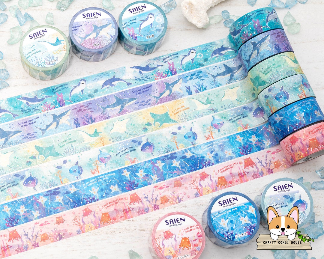 1 Roll | 20mm | SAIEN | Gold X Silver Foil Washi Tape | Dolphin - Shark ...