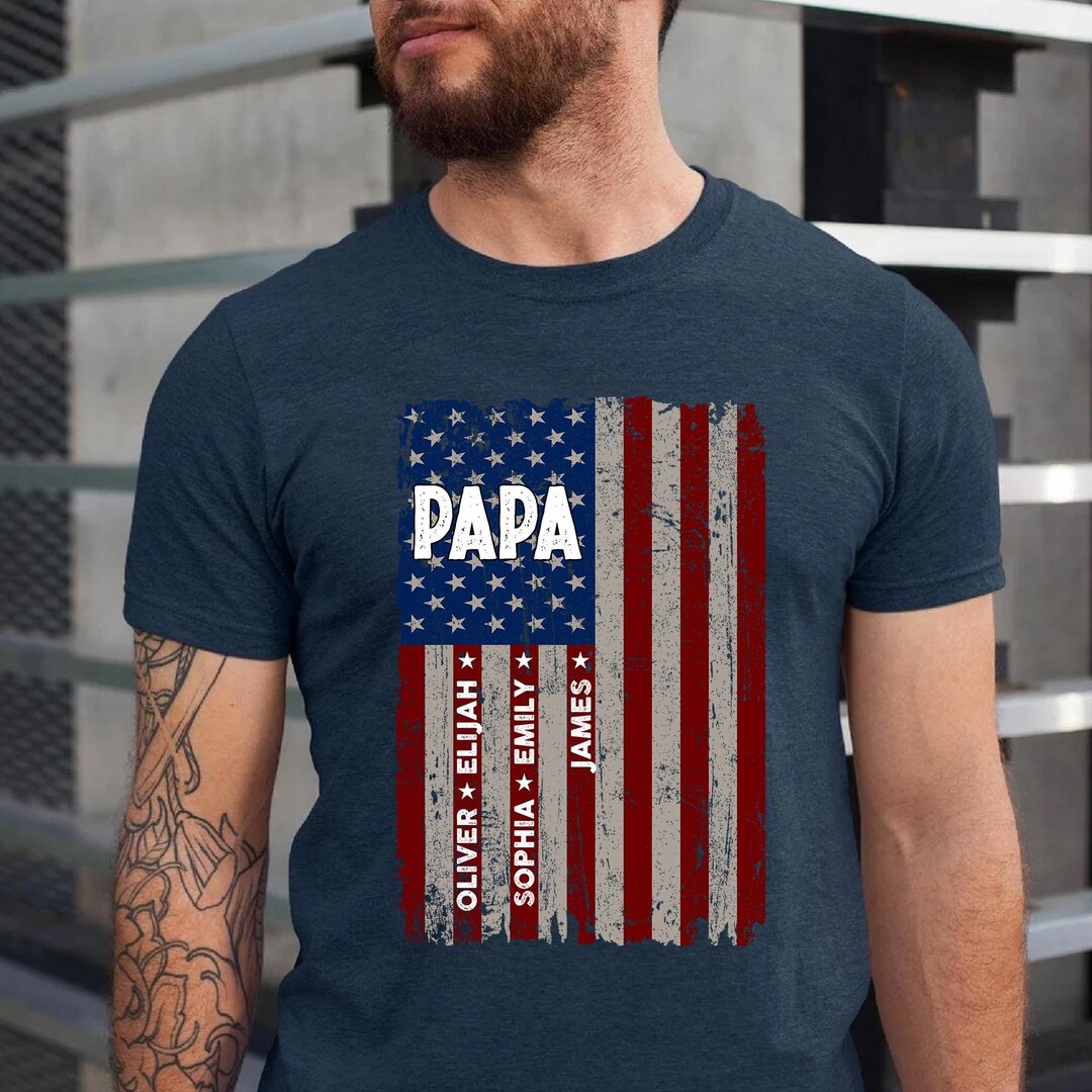 US Flag Papa Shirt With Grandkids Names, Personalized Patriotic Grandpa ...