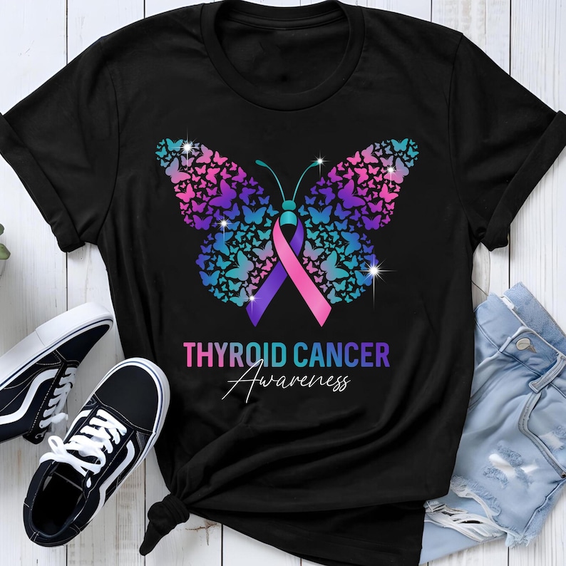 Cute Butterfly Thyroid Cancer Awareness Shirt, Teal Purple Pink Ribbon ...