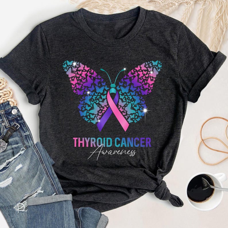 Cute Butterfly Thyroid Cancer Awareness Shirt, Teal Purple Pink Ribbon ...