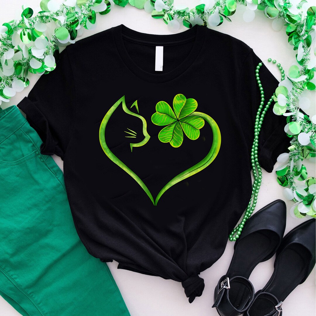 Cat on Four Leaf Clover Heart Shirt, Happy St Patricks Day Shirt for ...