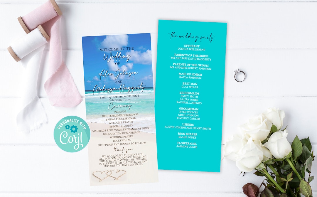 Editable Beach Wedding Program Template Ceremony Order of Events Hawaiian Destination Tropical ...