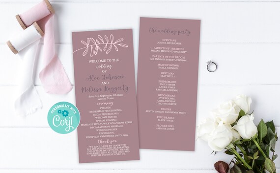 Wedding Program Template Mauve Wedding Program Wedding | Etsy
