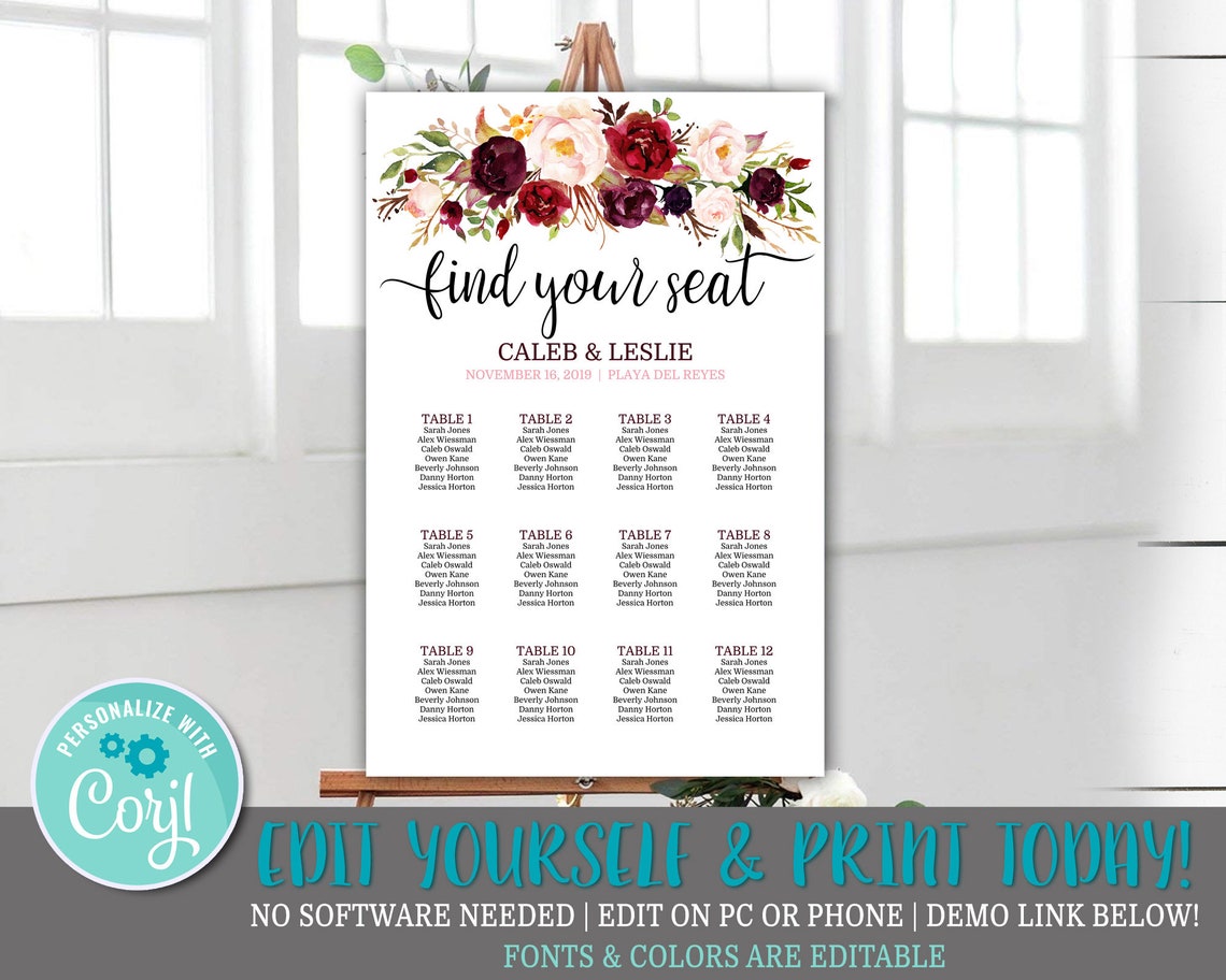 Burgundy Seating Chart Editable Seating Chart Template | Etsy