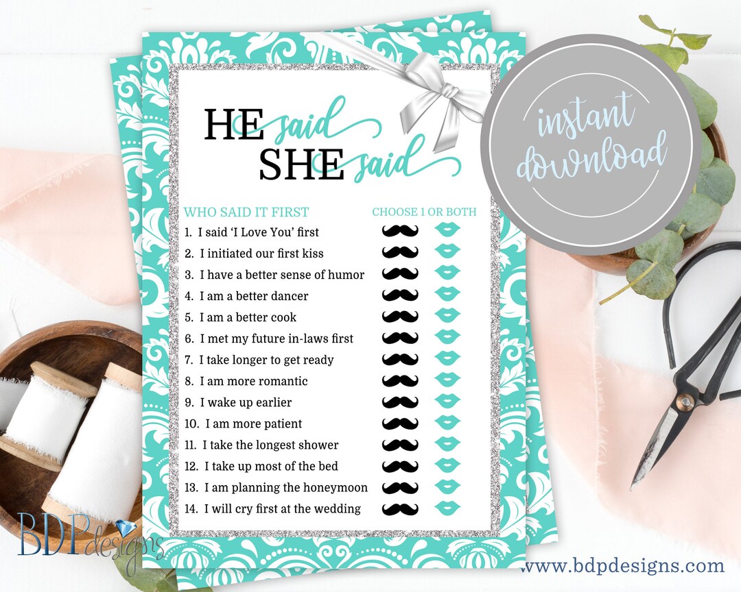 He Said She Said Game, Tiffanys Bridal Shower Games, Tiffanys Bridal ...