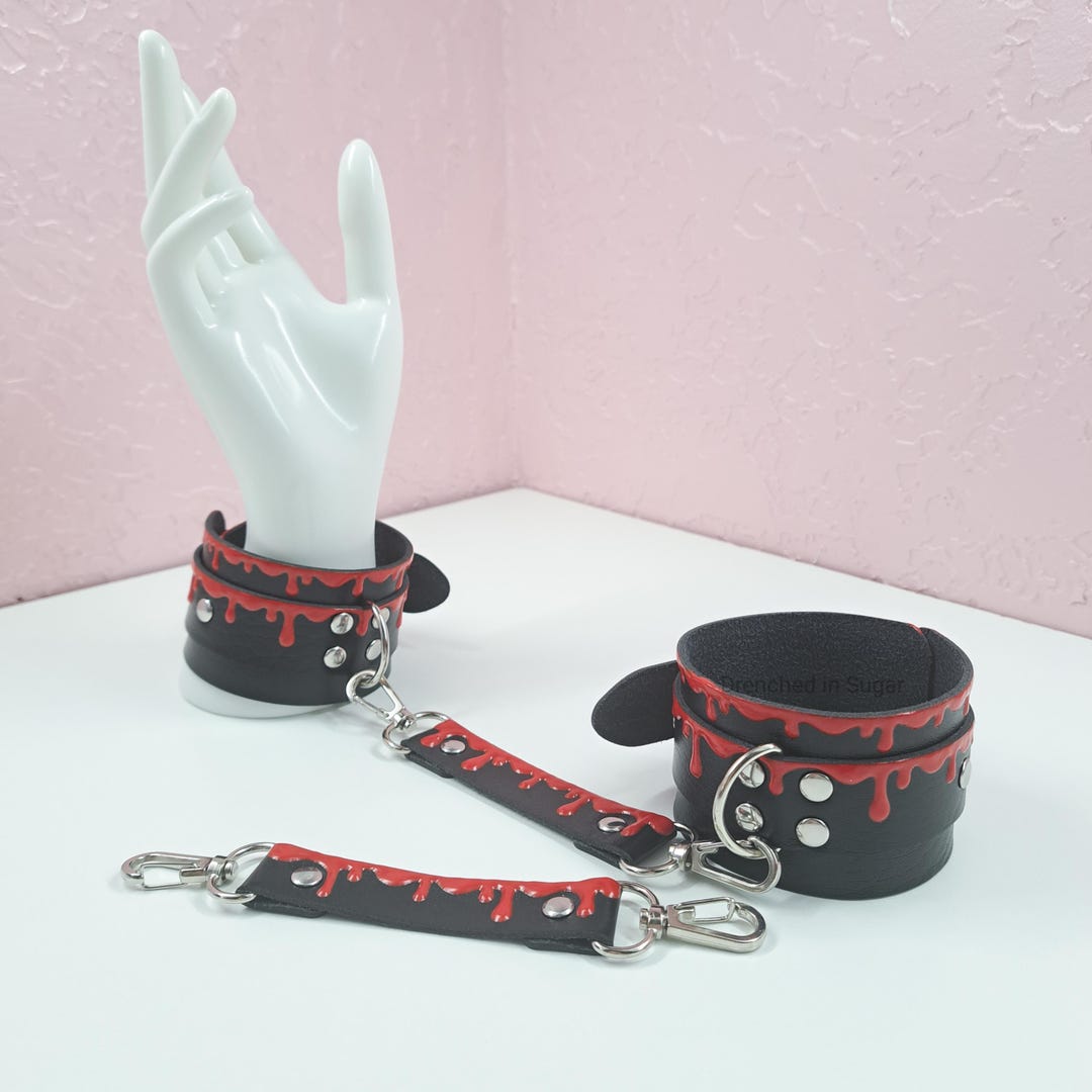 Red & Black Drippy Goth Handcuffs, Faux Leather Goth Restraints W ...
