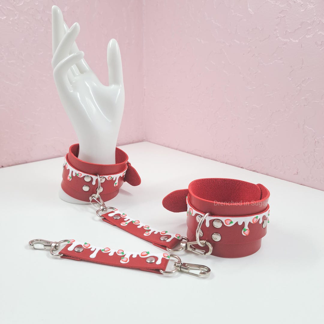 Kawaii Strawberry Handcuffs, Faux Leather Cute Restraints W/ Connectors ...