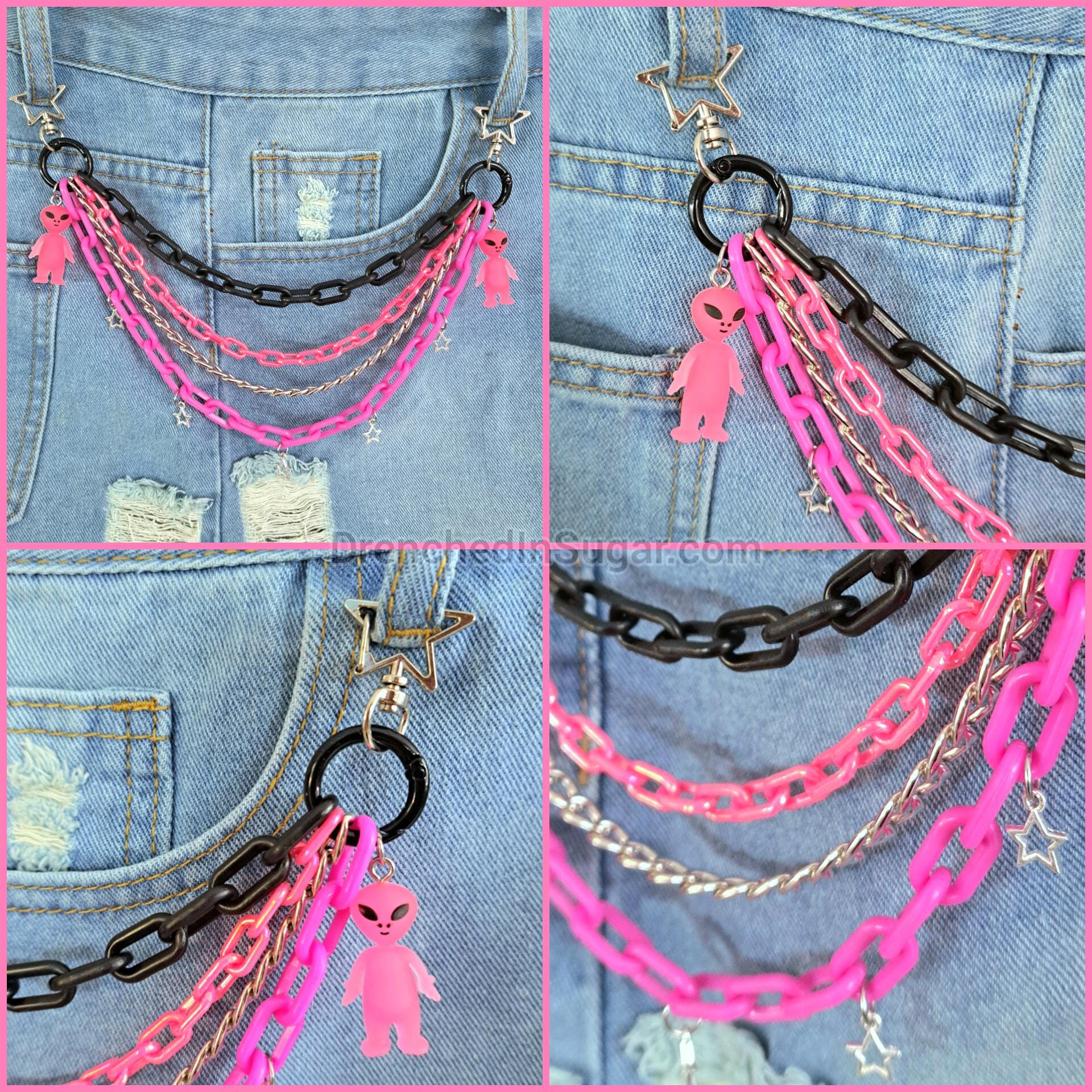 Layered Clip-on Chain, UV Glow Alien Charms, Spooky Goth Pants Wallet ...
