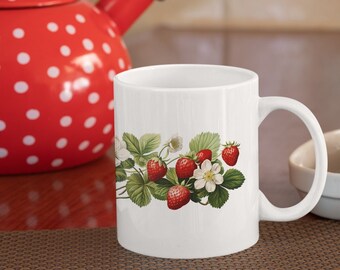 Strawberries Mug, Pink Stripes Red Green Strawberry Pattern, Spring ...