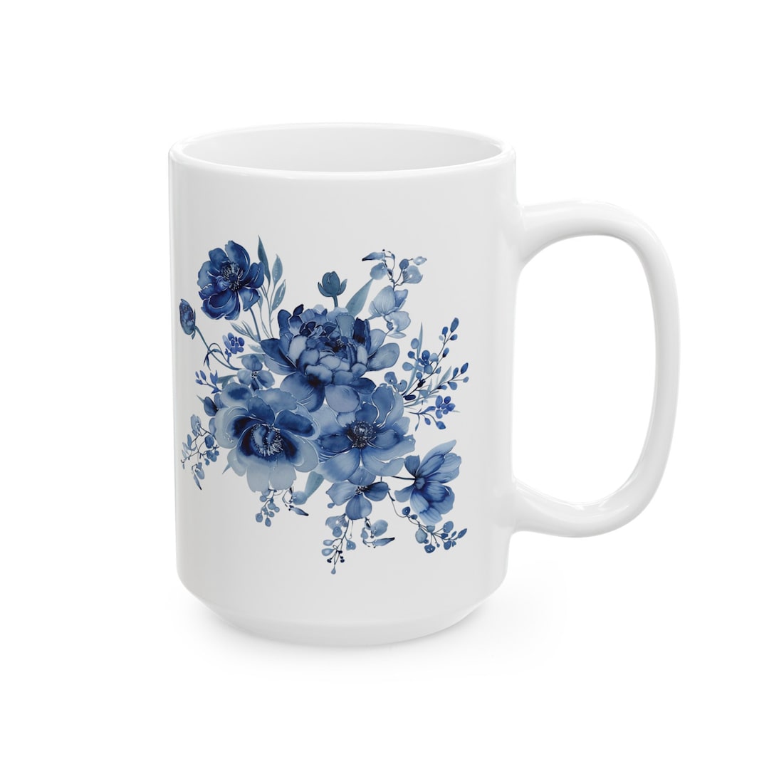 Blue Floral Mug, Coffee Mug, Floral Mug, Blue Flowers, Porcelain ...