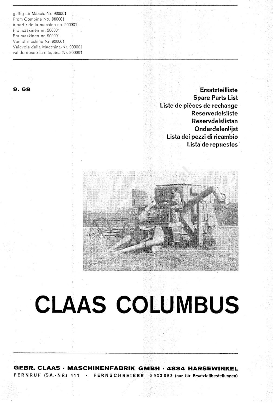 Claas Columbus Spare Parts List Manual From Combine 900001 Printed Comb ...